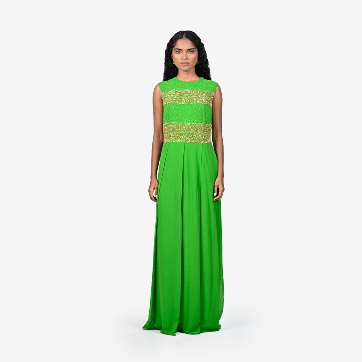 Green Box Pleated Hand Embroidered Maxi Dress – HUEMN