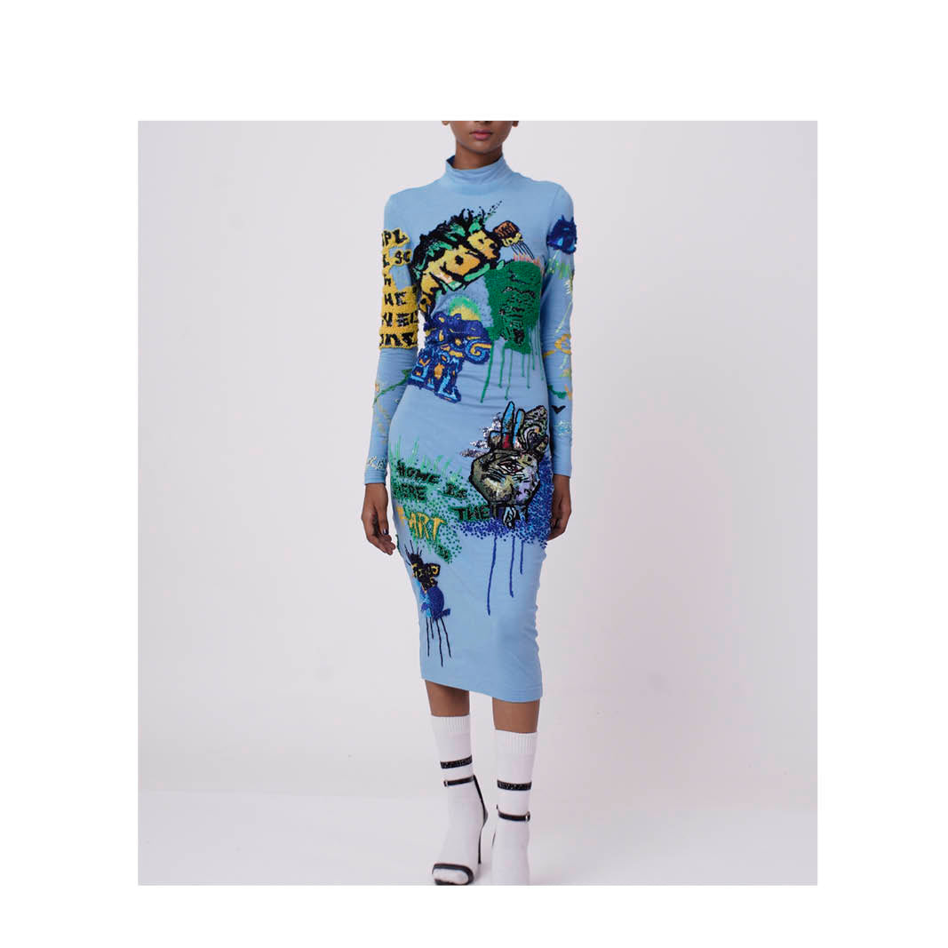 Handcrafted Graffiti Dress (Sky Blue) – HUEMN